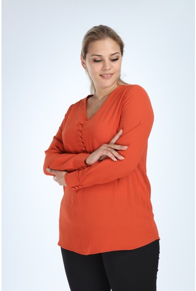 Lir Kadın Büyük Beden Uzun Kol Düğmeli Bluz Tarçın L2323