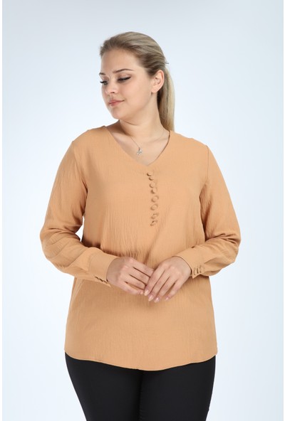Lir Kadın Büyük Beden Uzun Kol Düğmeli Bluz Vizon L2323 Lir Kadın Büyük Beden Uzun Kol Düğmeli Bluz Vizon L2323