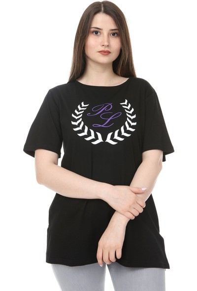 Pianoluce Kadın Büyük Beden O Yaka Baskılı Yarım Kol Örme T-Shirt Siyah P29019 Pianoluce Kadın Büyük Beden O Yaka Baskılı Yarım Kol Örme T-Shirt Siyah P29019
