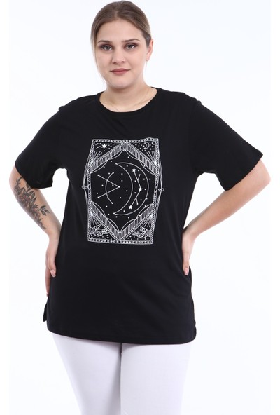 Pianoluce Kadın Büyük Beden Baskılı Yarım Kol T-Shirt Siyah PLWM21TS012