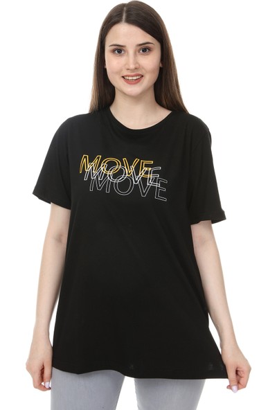 Pianoluce Kadın Büyük Beden O Yaka Baskılı Yarım Kol Örme T-Shirt Siyah P29014