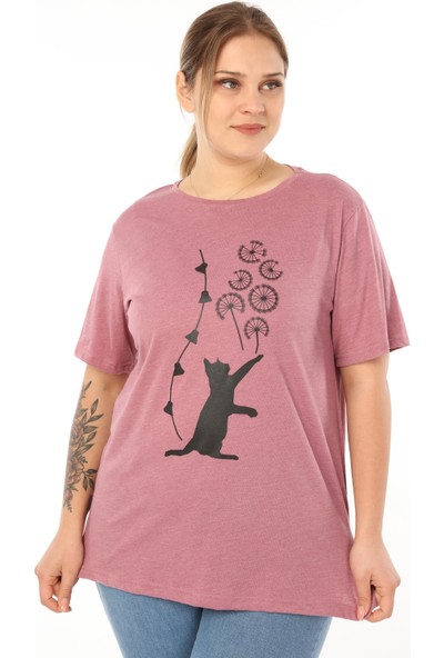 Pianoluce Kadın Büyük Beden Baskılı Yarım Kol T-Shirt Açıkbordo PLWM21TS008