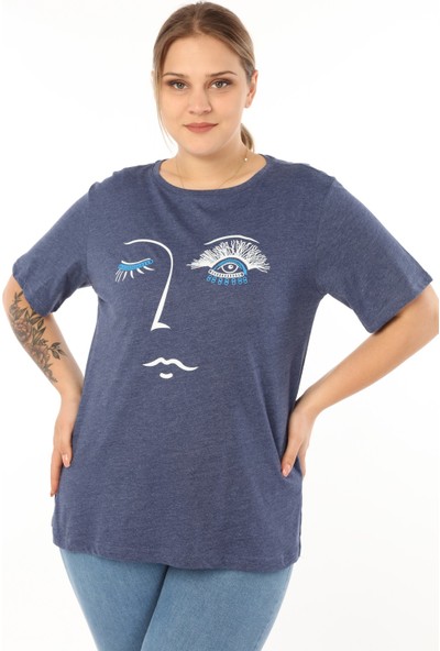Pianoluce Kadın Büyük Beden Baskılı Yarım Kol T-Shirt Indigo PLWM21TS001