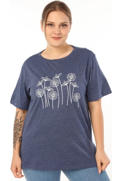 Pianoluce Kadın Büyük Beden Baskılı Yarım Kol T-Shirt Indigo PLWM21TS009