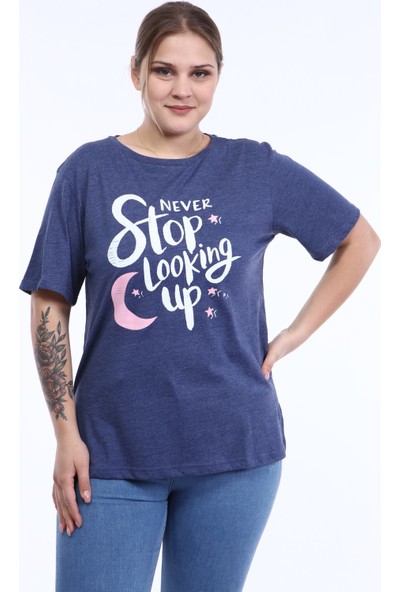 Pianoluce Kadın Büyük Beden Baskılı Yarım Kol T-Shirt Indigo PLWM21TS011