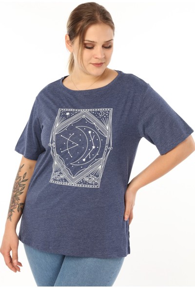 Pianoluce Kadın Büyük Beden Baskılı Yarım Kol T-Shirt Indigo PLWM21TS012
