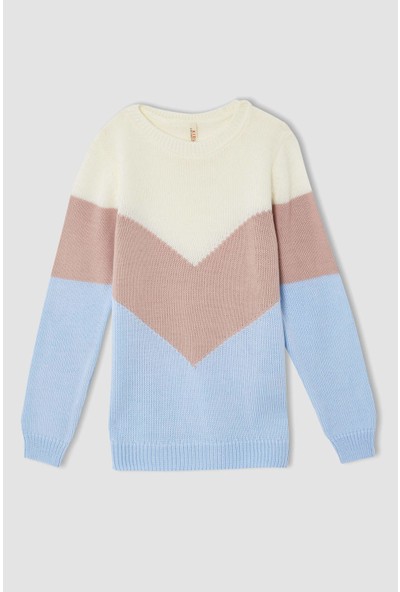 DeFacto Kız Çocuk Regular Fit Bisiklet Yaka Renk Bloklu Kazak U6110A621WN