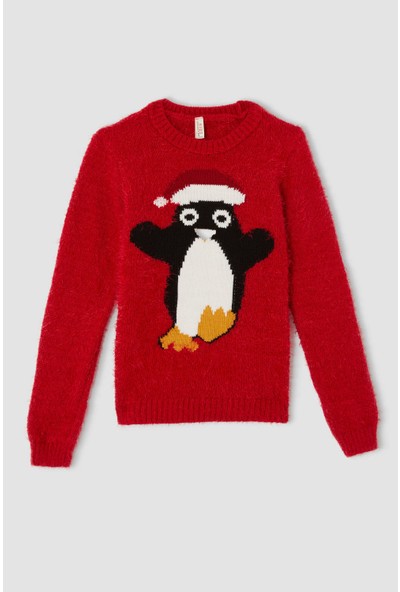 DeFacto Kız Çocuk Yılbaşı Temalı Bisiklet Yaka Noel Baba Figürlü Sakal İp Kazak U6117A621WN