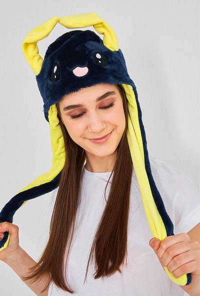 Ecrou Kulakları Hareket Eden Tavşan Şapka Sarı&lacivert