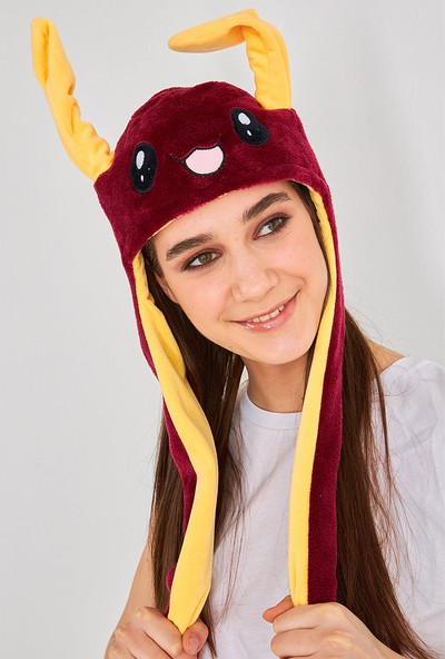 Ecrou Kulakları Hareket Eden Tavşan Şapka Sarı & Kırmızı