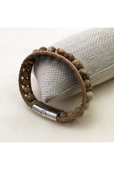 İmran Doğal Taş 8 mm Küre Kesim Jasper Taşlı Doğal Taş Deri Bileklik - IMRBL00113