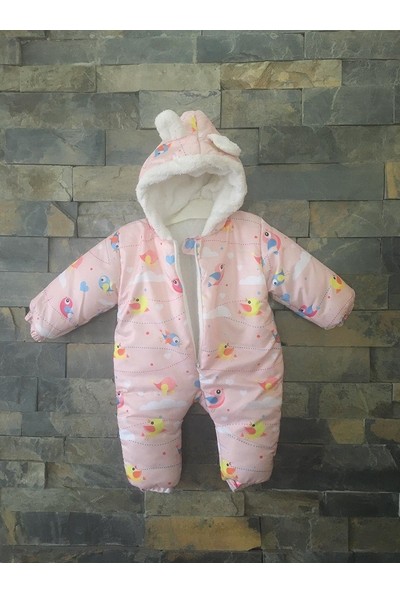 Podium Giyim Sevimli Kuşlar Baskılı Kulaklı Pembe Kozmonot Tulum