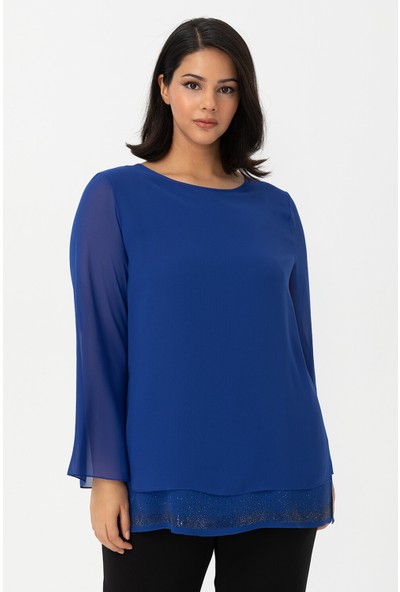Galaxi Kadın Büyük Beden Taş Detaylı Katlı Bluz 3051027 Saks