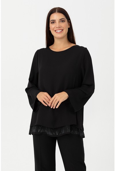 Galaxi Kadın Büyük Beden Taş Detaylı Katlı Bluz 3051027 Siyah
