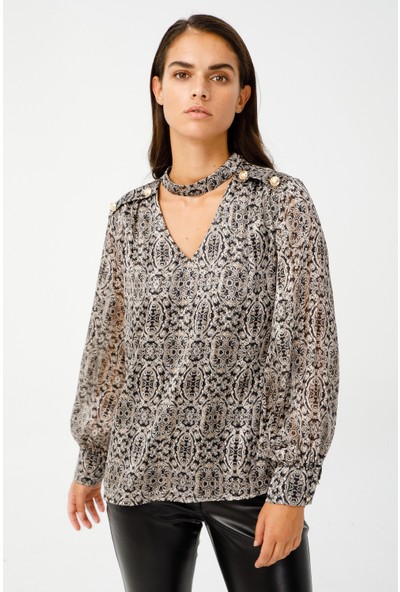 Ekol Kadın Süs Düğmeli Desenli Bluz 6052035 Siyah
