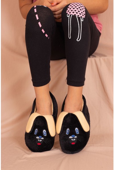 Wovs Çocuk Siyah Kulak Detaylı Tavşan Şekilli AnaOkulu Kreş Ev Panduf Terlik