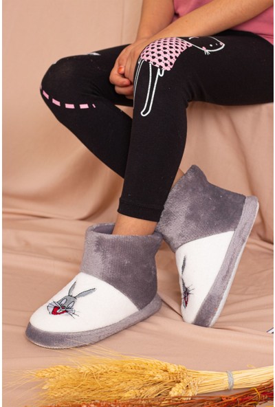 Wovs Çocuk Tavşan Figürlü Panduf AnaOkulu Kreş Ev Botu - Gri