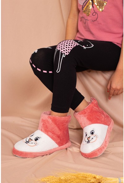 Wovs Çocuk Kedi Figürlü Panduf AnaOkulu Kreş Ev Botu - Pudra