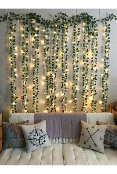 Dekoratif Yeşil Yapraklı Yapay Sarmaşık ve 3 Metre Peri LED Gün Işığı (Pil Fiyata Dahil)