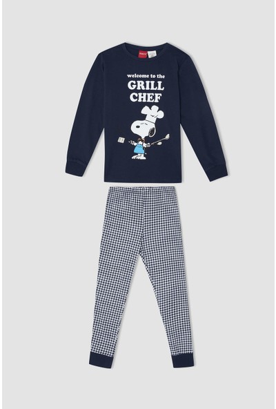 DeFacto Erkek Çocuk Snoopy Lisanslıı Kareli Pamuklu Uzun Kollu Pijama Takımı V7200A621AU