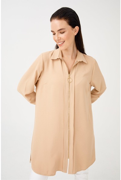 Mutlu Ertan Uzun Gömlek Fermuarlı-Bej Mutlu Ertan Uzun Gömlek Fermuarlı-Bej