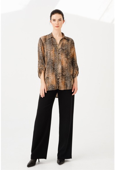 Mutlu Ertan Yılan Desen Baskılı Fermuarlı Gömlek-Siyah-Vizon