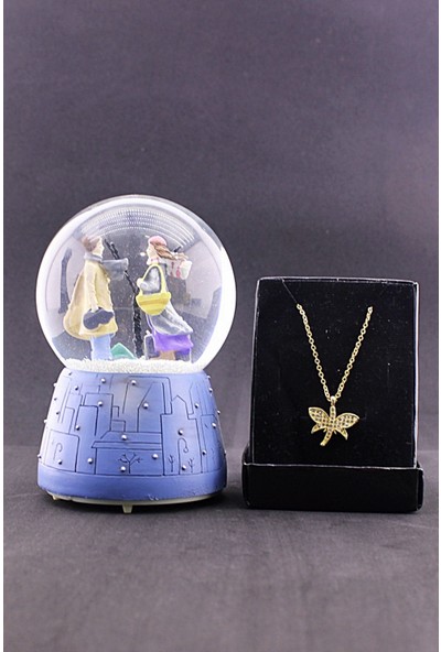 Deco Elit Yeni Kış Masalı Orta Boy Kar Küresi ve Zirkon Taş Yusufçuk Kolye Set 12CM Boy Işıklı Müzikli