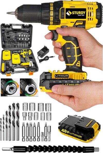 Sturdy Power Tools 48VF 6mah Li̇tyum Çift Akülü Full Express Seri̇ Şarjlı Vidalama Matkap 27 Parça Uç Setli Sturdy Power Tools 48VF 6mah Li̇tyum Çift Akülü Full Express Seri̇ Şarjlı Vidalama Matkap 27 Parça Uç Setli
