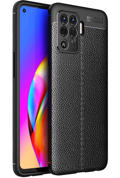 Case 4U Oppo Reno 5 Lite Kılıf Darbeye Dayanıklı Deri Görünümlü Niss Arka Kapak Siyah