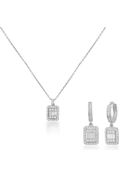 Coşar Silver Zirkon Taşlı Pırlanta Montür Gümüş Rengi Altın Kaplama Baget Taşlı 2 Li Set