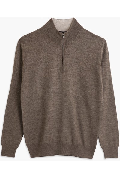 Hateko Erkek Açık Kahverengi %50 Yün Dik Yaka Fermuarlı Kazak