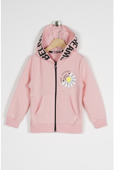 Zepkids Kız Çocuk Yakası Papatya Baskılı Kapüşonlu Hırka 3-7 Yaş