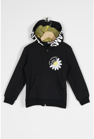 Zepkids Kız Çocuk Yakası Papatya Baskılı Kapüşonlu Hırka 3-7 Yaş