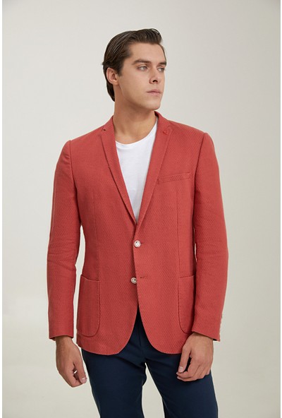 D'S Damat Twn Slim Fit Kiremit Armürlü Kumaş Ceket
