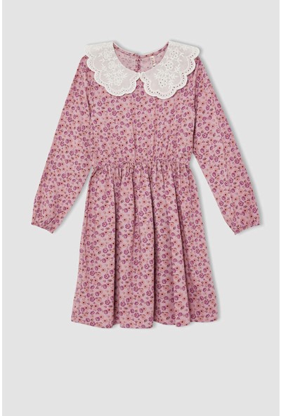DeFacto Kız Çocuk Çiçekli Geniş Yaka Uzun Kollu Elbise W4927A621WN