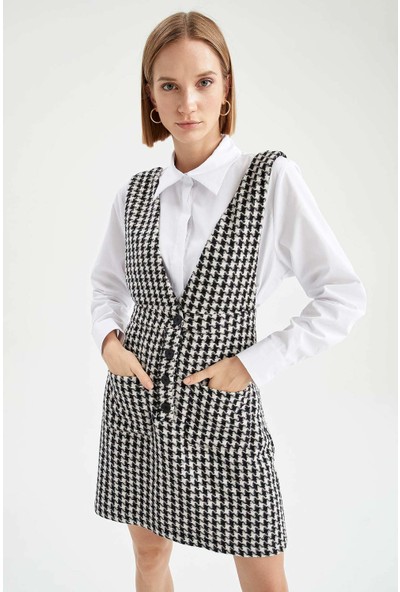 DeFacto Kaz ayağı Desenli V Yaka Mini Salopet Ebise W3808AZ21AU