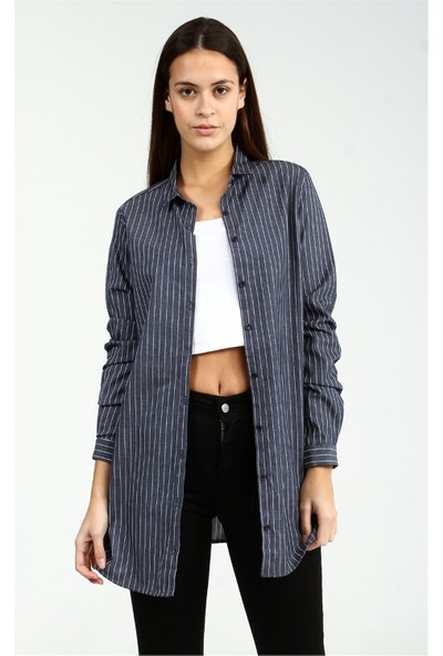 Collezione Indigo Çizgili Uzun Katlanabilir Kollu Kadın Tunik