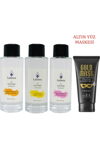 Lalavea Cam Şişe Kolonya Seti 3 x 250 ml + Gold Mask Dr. E.a Altın Maske Lalavea Cam Şişe Kolonya Seti 3 x 250 ml + Gold Mask Dr. E.a Altın Maske