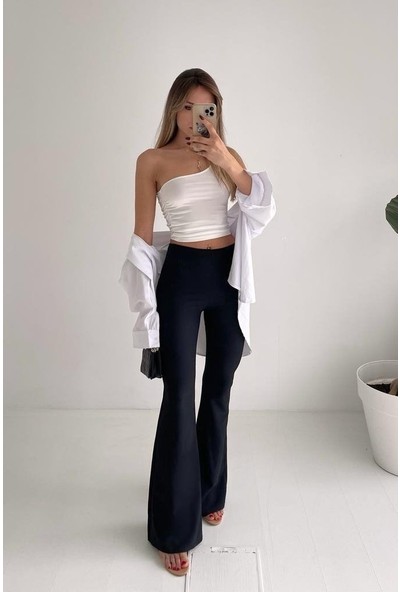 Eka Kadın Siyah Ispanyol Paça Yandan Fermuarlı Pantolon 0291-8404