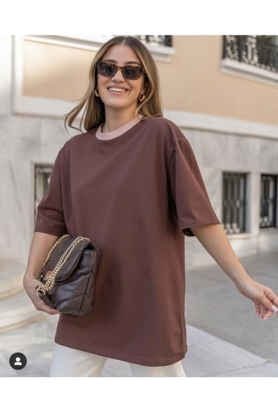 Hamaq Kadın Yakalı Oversize Kahverengi Tişört
