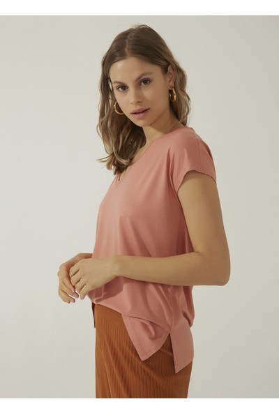 People By Fabrika V Yaka Kısa Kollu Düz Somon Kadın T-Shirt