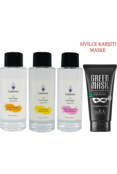 Lalavea Cam Şişe Kolonya Seti 3 x 250 ml + Gold Mask Dr. E.a Akne Önleyici Yeşil Maske Lalavea Cam Şişe Kolonya Seti 3 x 250 ml + Gold Mask Dr. E.a Akne Önleyici Yeşil Maske
