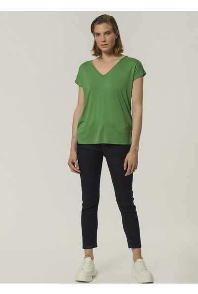 People By Fabrika V Yaka Kısa Kollu Düz Yeşil Kadın T-Shirt