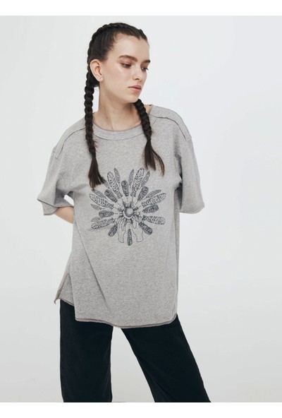 Twist TW6210070040126 Yuvarlak Yaka Uzun Kol Gri Melanj Kadın T-Shirt