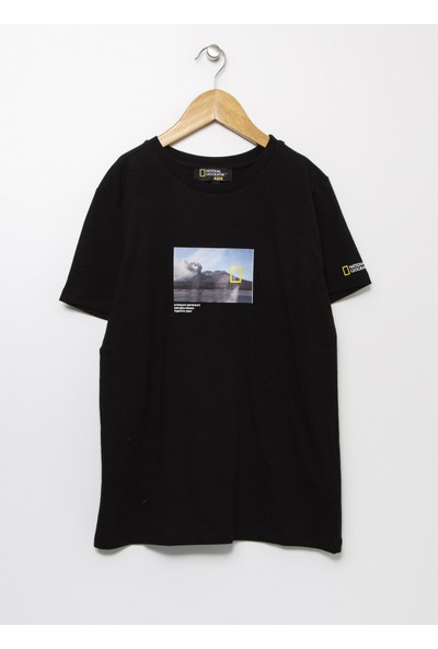 National Geographic Bisiklet Yaka Baskılı Siyaht-Shirt