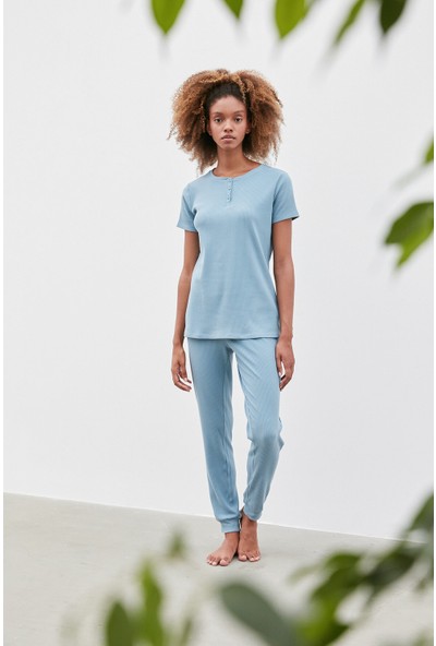 Penti Koyu Mavi Relax Details Rib Pijama Takım Penti Koyu Mavi Relax Details Rib Pijama Takım