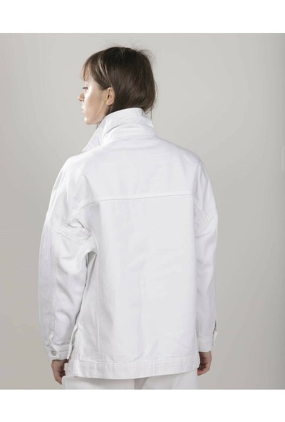 Hamaq Kadın Beyaz Yan Yırtmaçlı Kot Ceket