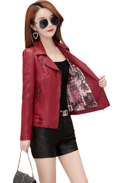 Skimsx Dar Kesim Kısa Deri Biker Ceket Kırmızı (Yurt Dışından) Skimsx Dar Kesim Kısa Deri Biker Ceket Kırmızı (Yurt Dışından)