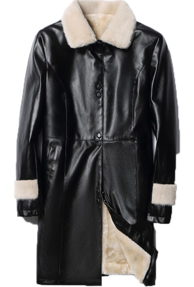 Skimsx Uzun Kürklü Deri Mont - Siyah (Yurt Dışından)