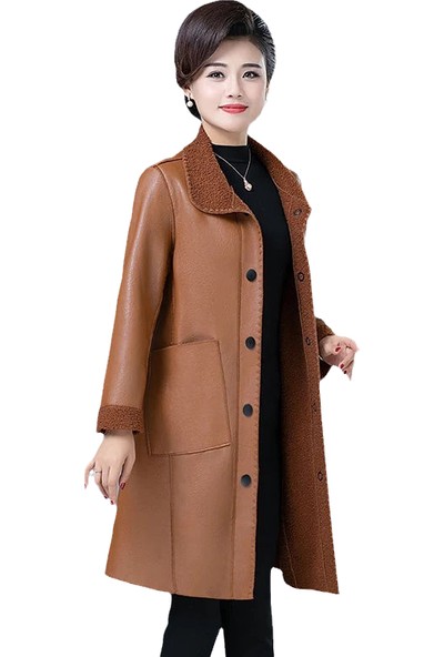 Skimsx Kadın Orta Boy Deri Mont - Kahverengi (Yurt Dışından)